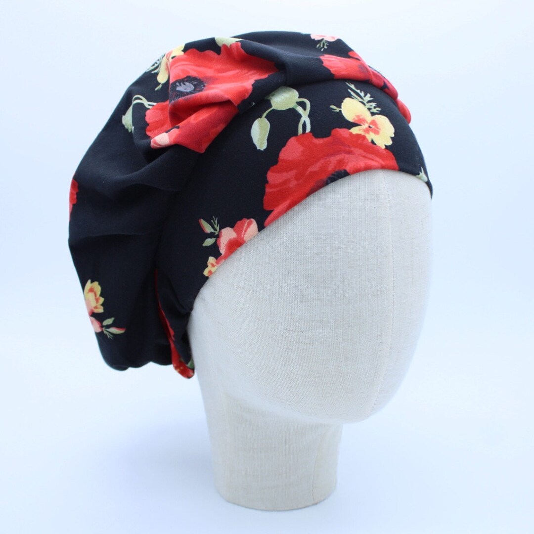 Red Poppies on Black Background on Brushed Jersey Stretch Knit in a ...