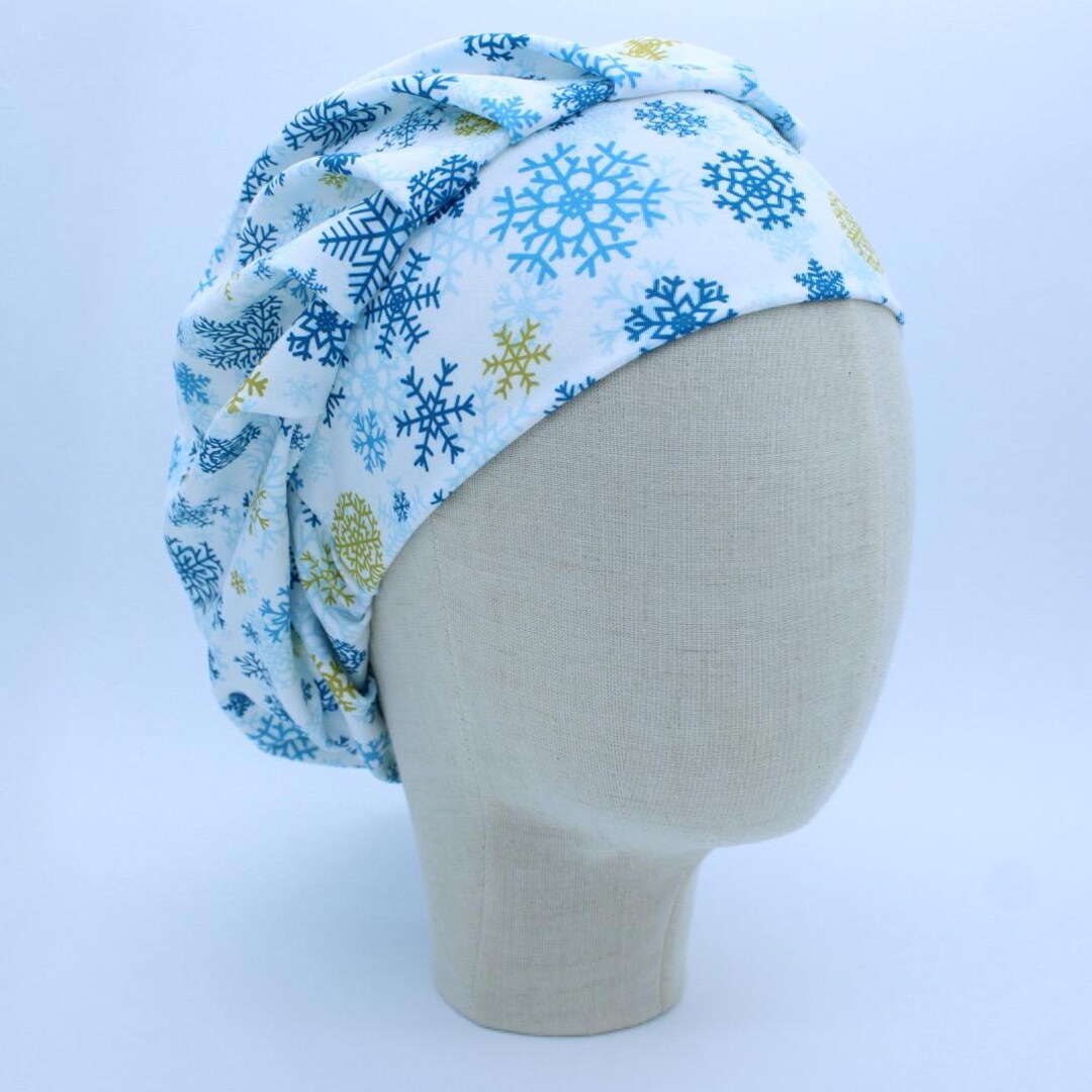 Snowflake Bouffant Style Scrub Cap: Gold and Blue on White Double ...