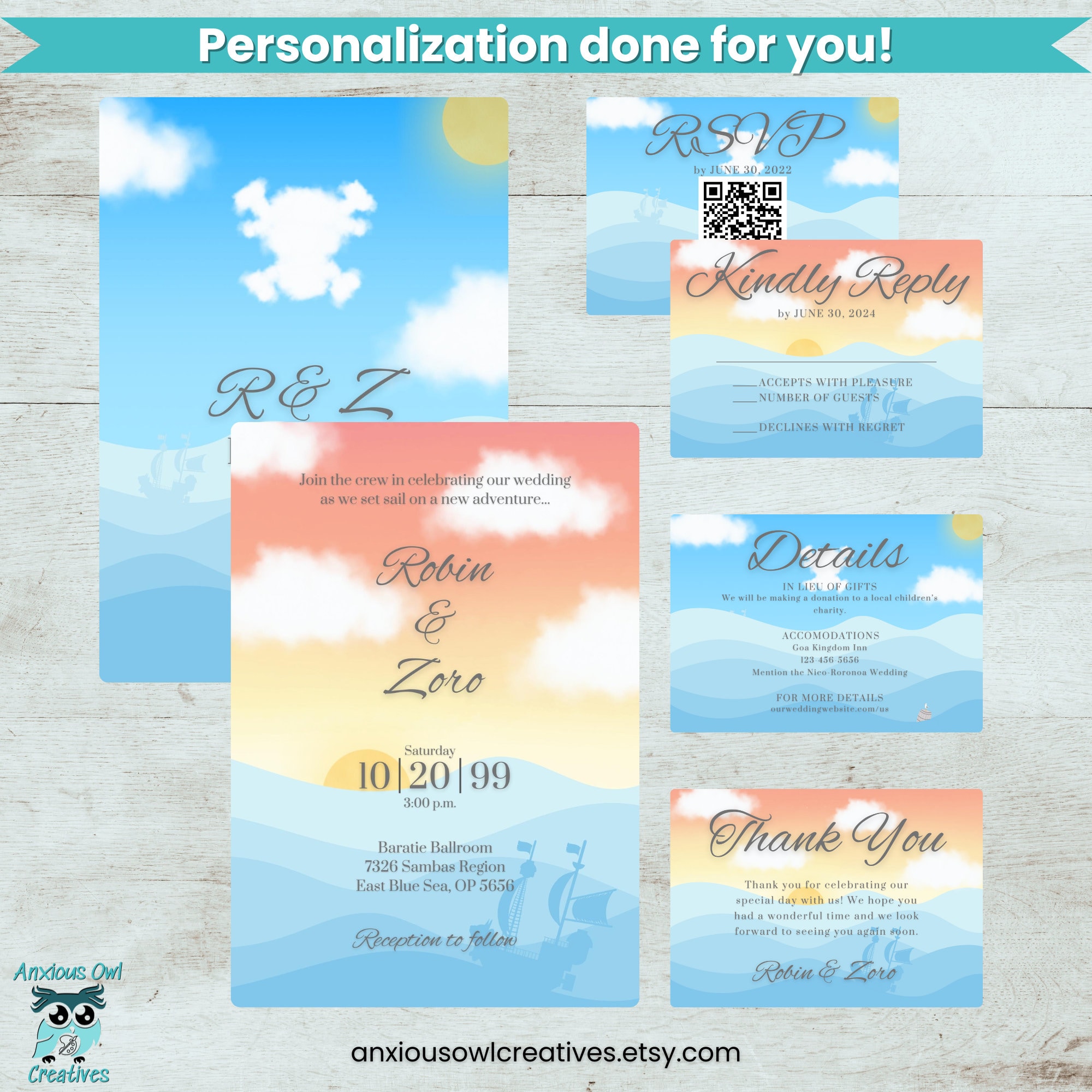 One Piece Anime Inspired Wedding Invitation Set Printable - Etsy