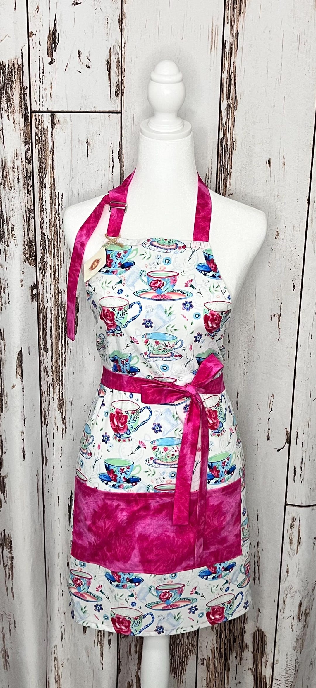 Teacup Print Kitchen Apron With Pockets: Adjustable Cotton Cooking ...