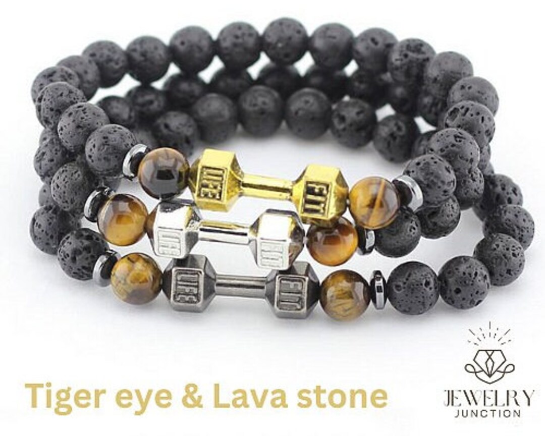 Dumbbell Bracelet Men, Natural Volcano Tiger Eye Stone, Handmade ...