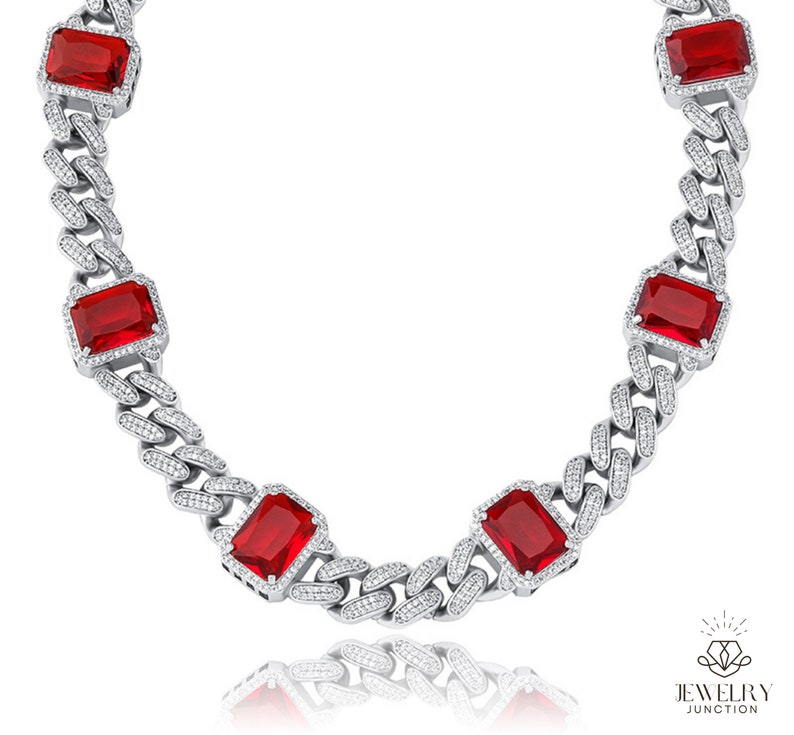 Ruby Iced Out Necklace, Rhinestone Miami Cuban Link Chain Necklace, Hip ...