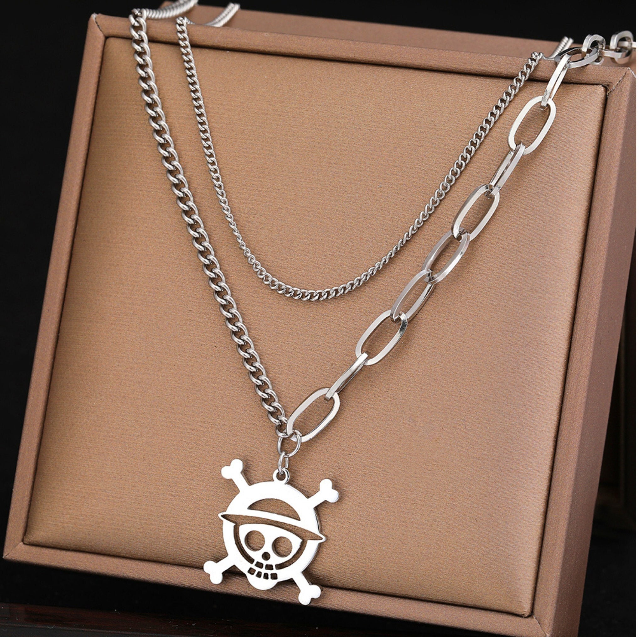 Straw Hat Skeleton Face Pirates Gold Necklace, One Piece Chain Goth ...