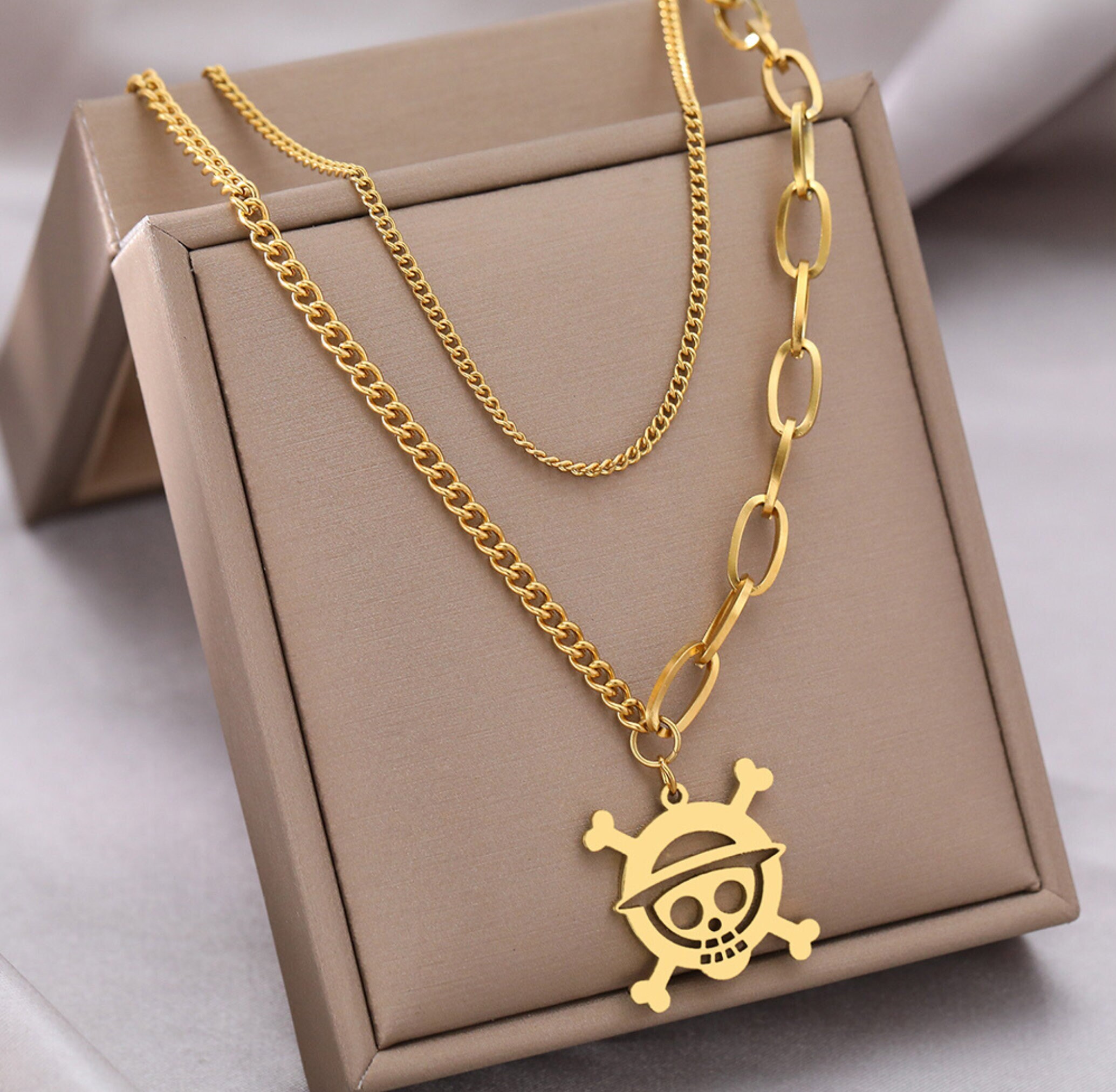 Straw Hat Skeleton Face Pirates Gold Necklace, One Piece Chain Goth ...