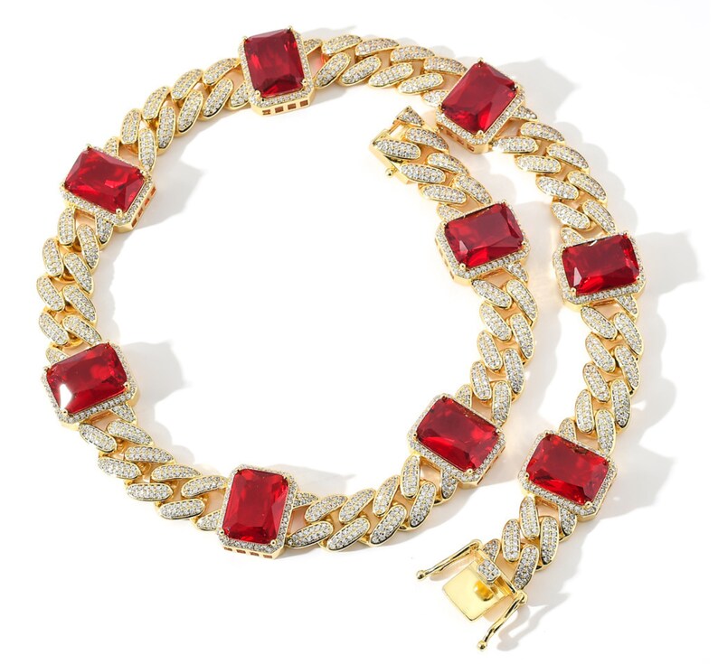 Ruby Iced Out Necklace, Rhinestone Miami Cuban Link Chain Necklace, Hip ...