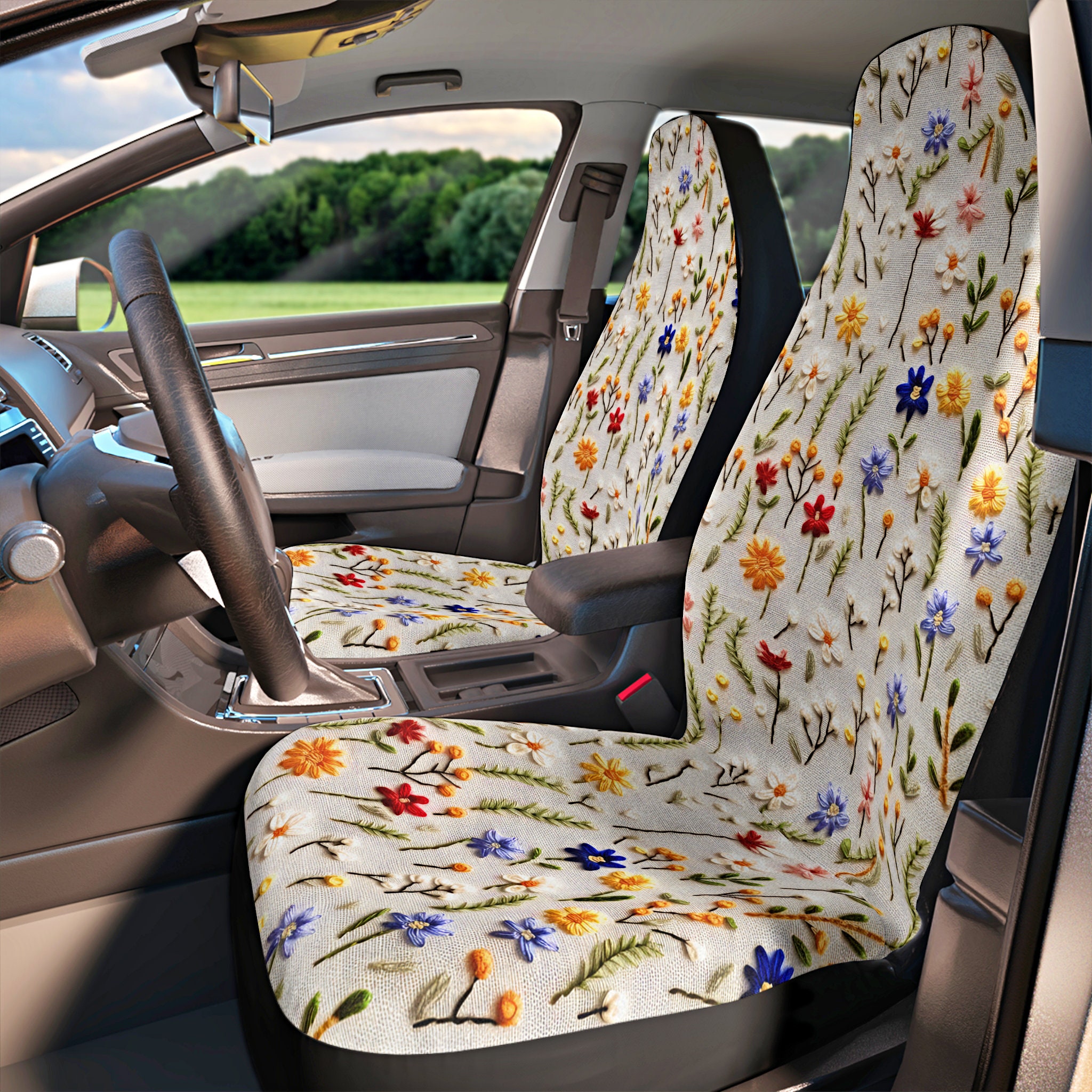 Boho Wildflowers Embroidery Pattern 2 Front Car Seat Covers, Boho Car ...