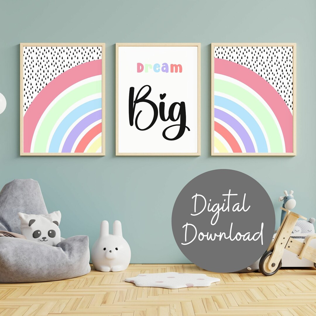 Printable Kids Wall Art Set of 3 Dream Big Rainbow Children's Room ...