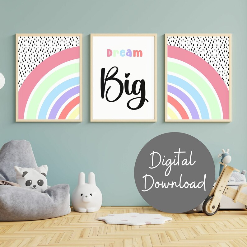 Printable Kids Wall Art Set of 3 Dream Big Rainbow Children's Room ...