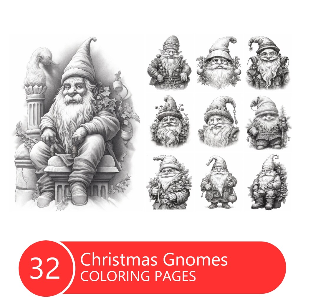 Christmas Gnomes Grayscale Coloring Book: 32 Printable Pages (PDF File ...