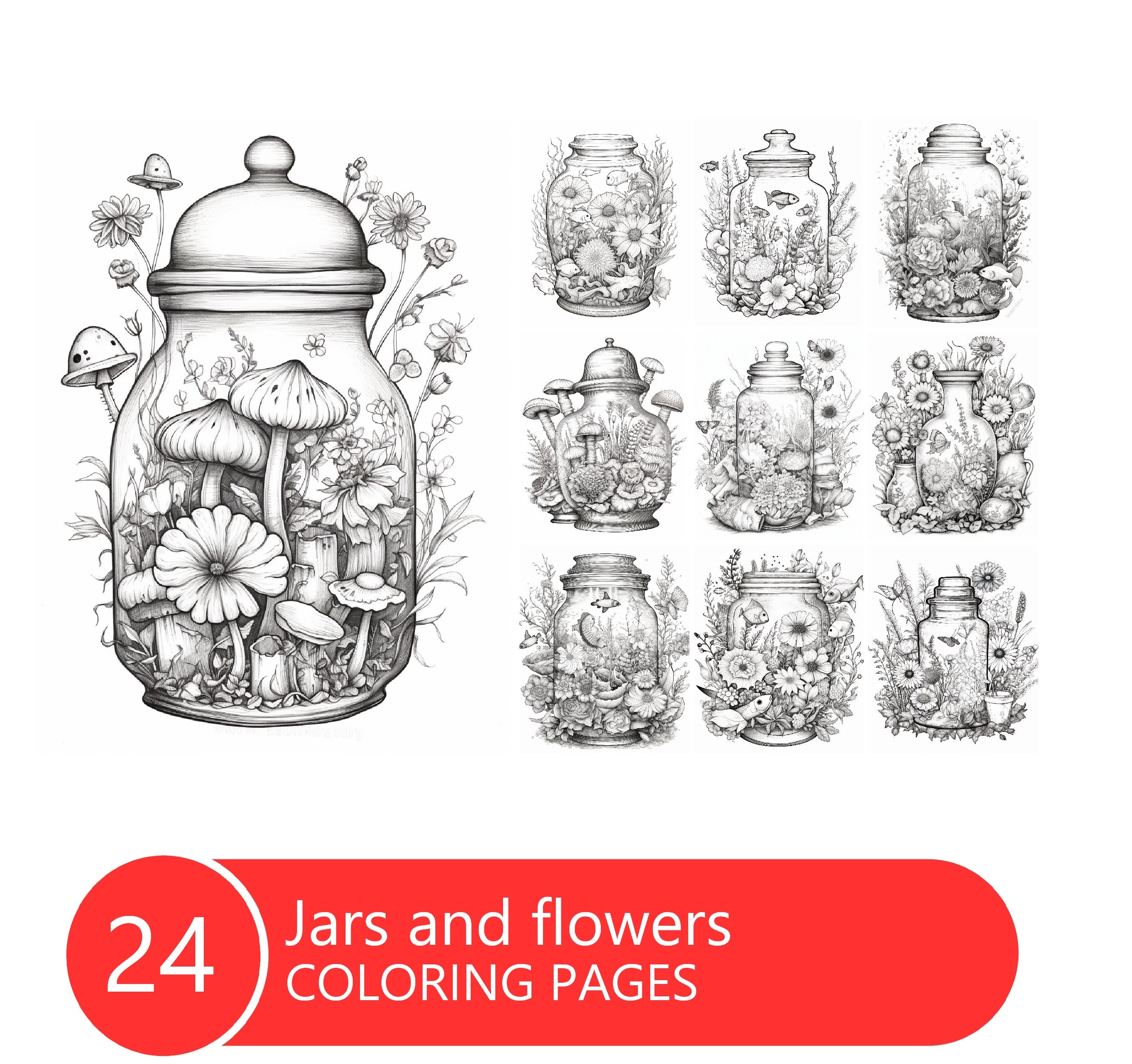 Jars and Flowers Coloring Book for Adults and Kids Grayscale - Etsy