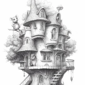 Magical Mouse House Coloring Book for Adults and Kids, Grayscale ...