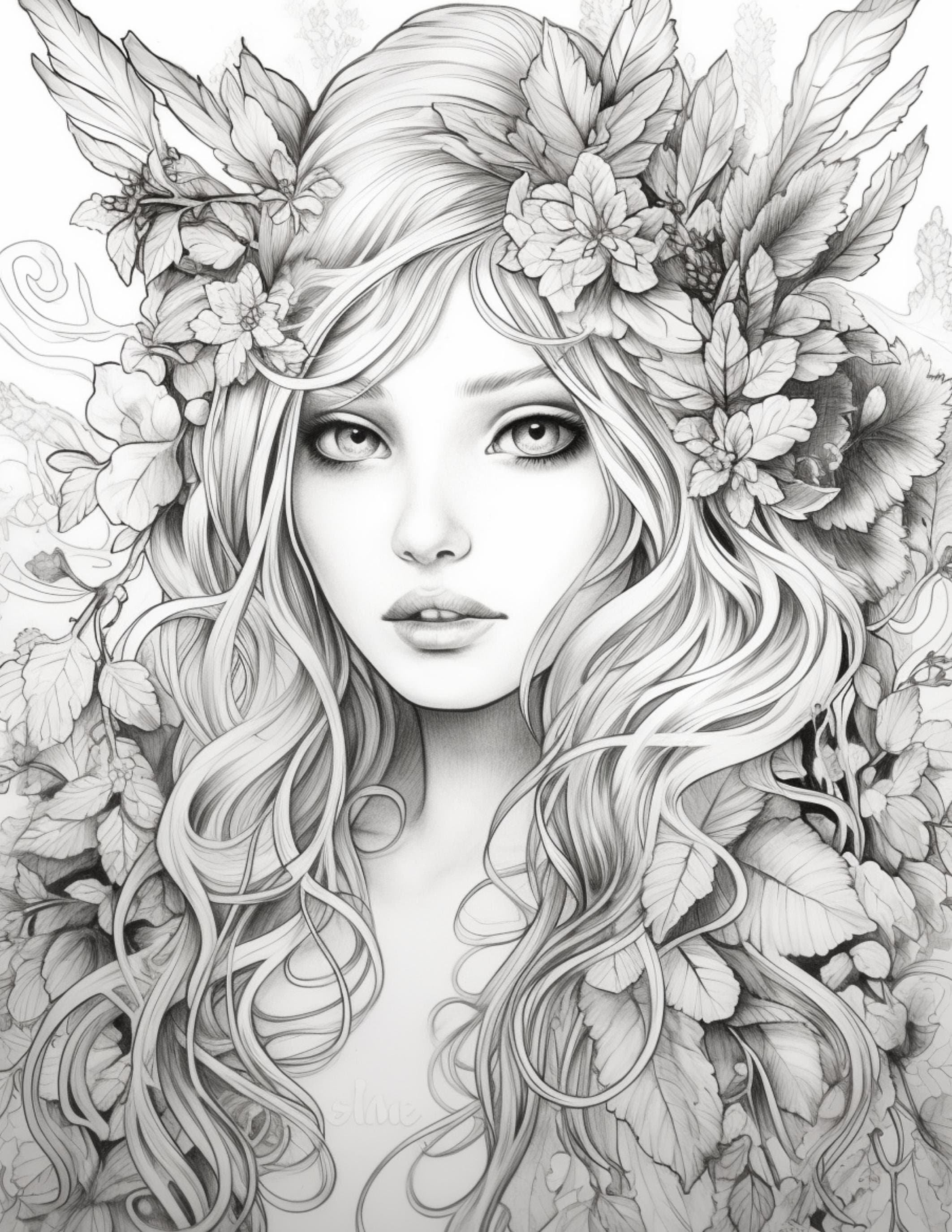 Forest Fairy Coloring Pages: Grayscale Anime Art (instant Download) - Etsy