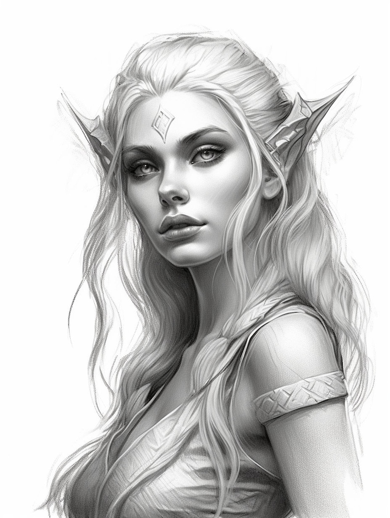 Female Elf Coloring Page for Adults and Teens Grayscale - Etsy Australia