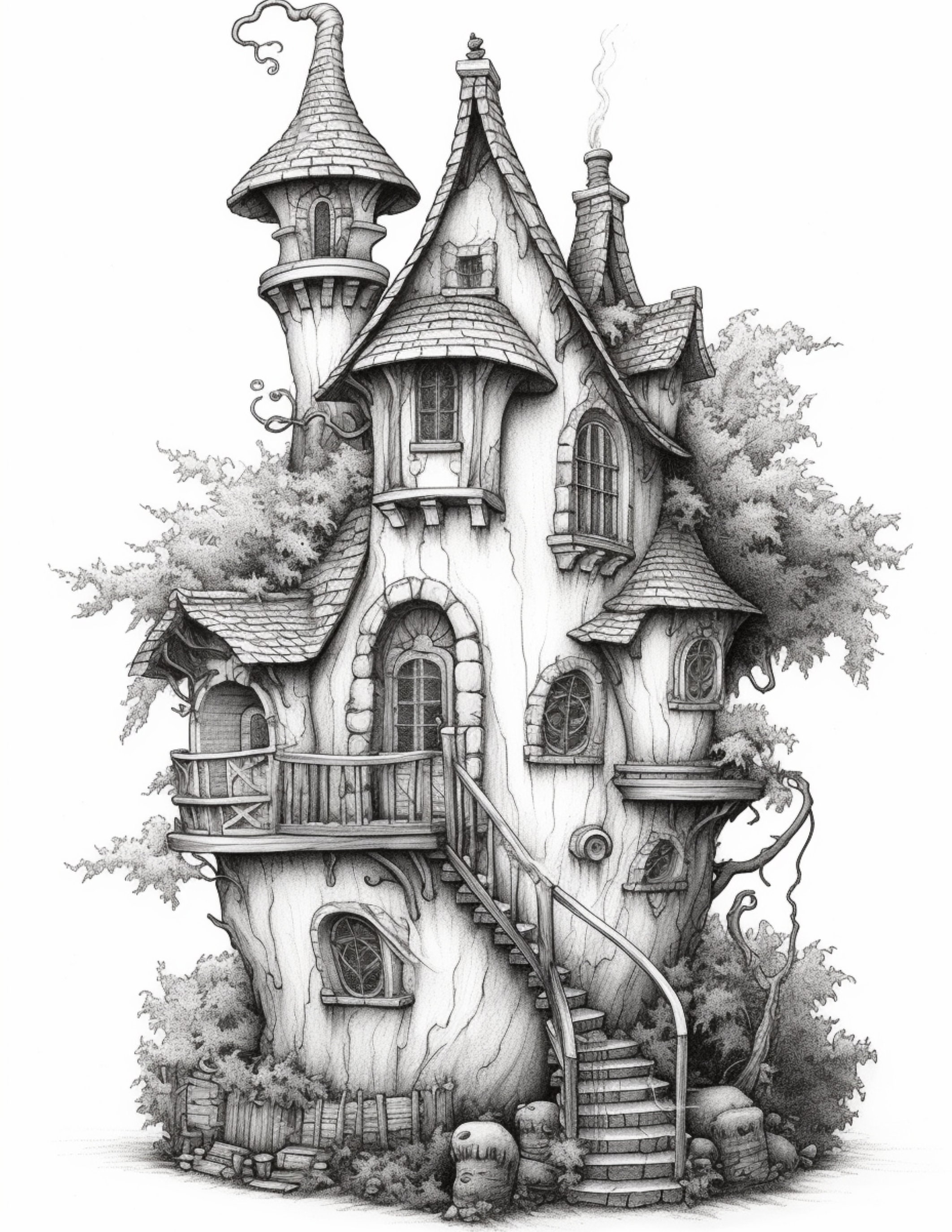 Enchanted Fairy Houses Coloring Book: Grayscale Illustrations ...