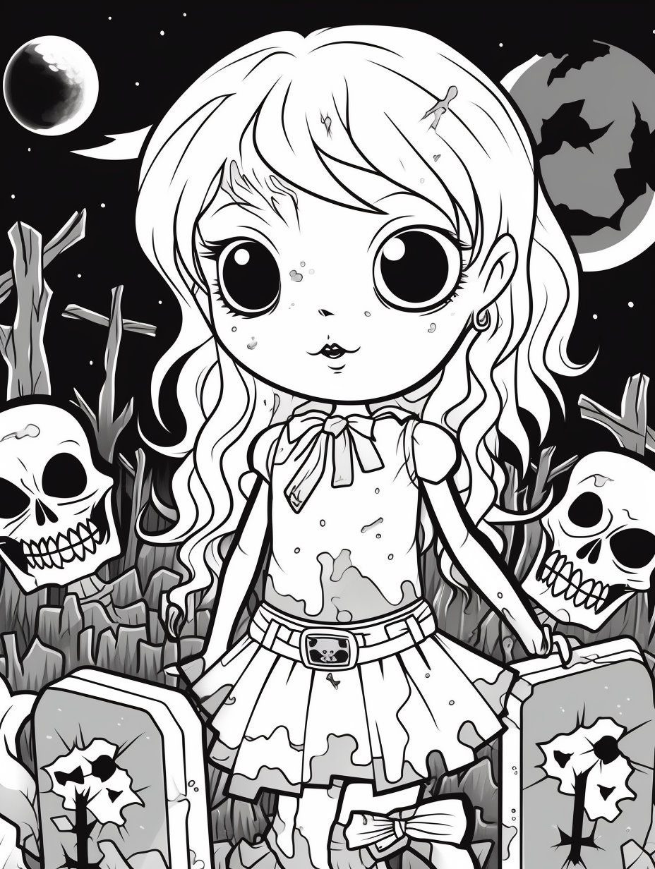 Horror Chibi Zombie Girl Coloring Book: Grayscale Illustrations ...