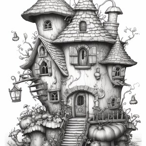 Pumpkin House Grayscale Coloring Pages, Adults and Kids Coloring Book ...