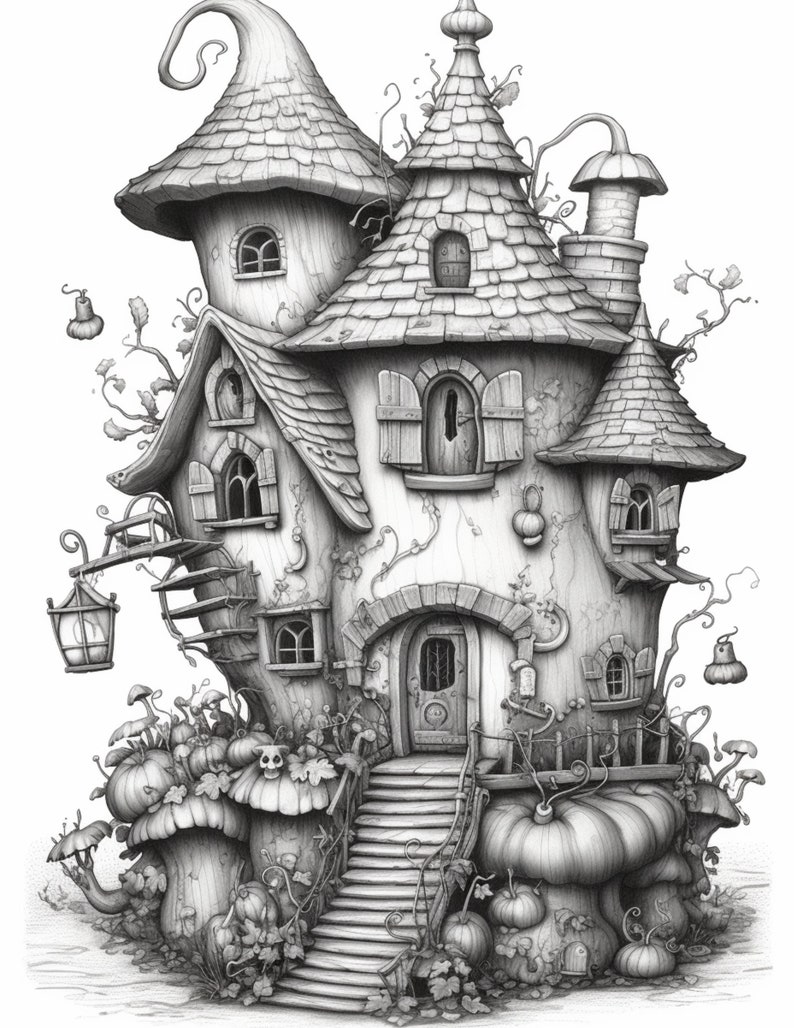 Pumpkin House Grayscale Coloring Book: 44 Printable Pages (PDF) - Etsy