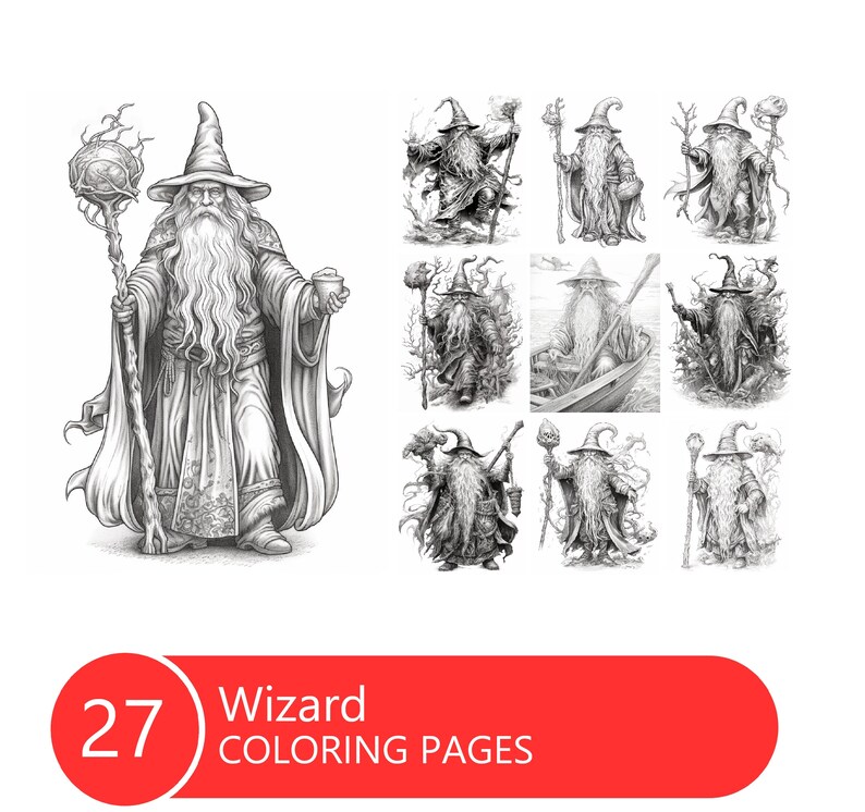 Wizard Grayscale Coloring Book: Mystical Illustrations (printable PDF ...