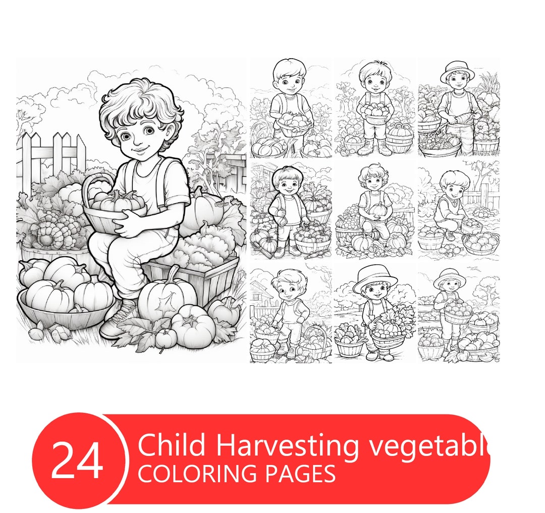 Child Harvesting Vegetables Coloring Book: Grayscale Pages (printable ...