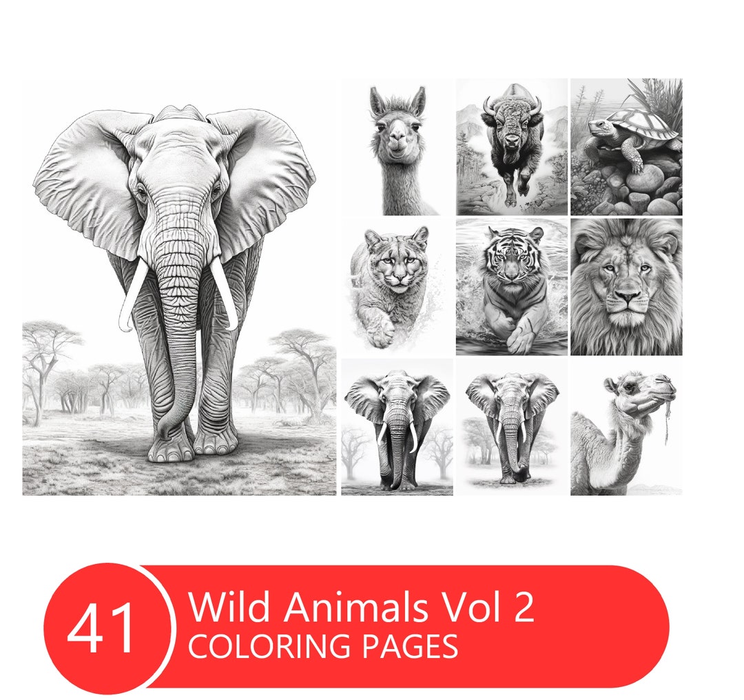 Wild Animals Vol 2 Coloring Book for Adults and Kids, Grayscale ...