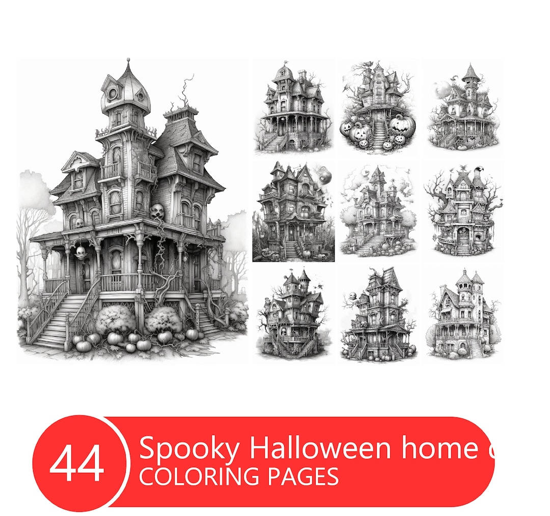Spooky Halloween Home Grayscale Coloring Book: 44 Pages (printable PDF ...