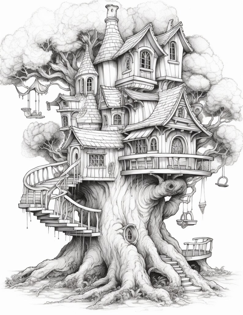 Enchanted Treehouse Coloring Page for Adults + Kids, Instant Download ...