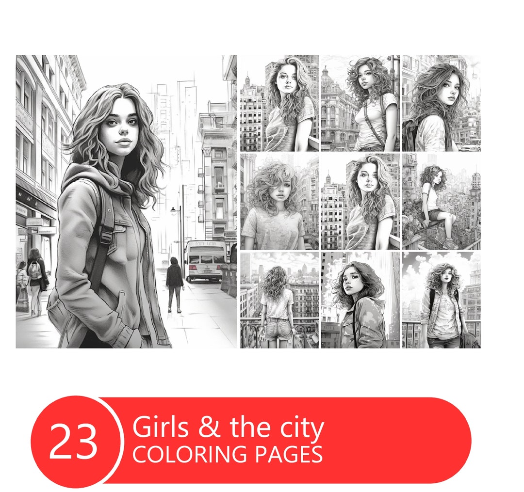 Girls & the City Coloring Book for Adults and Kids, Grayscale Coloring ...