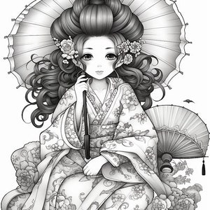 Anime Kimono Girls Coloring Book for Adults and Kids, Grayscale ...