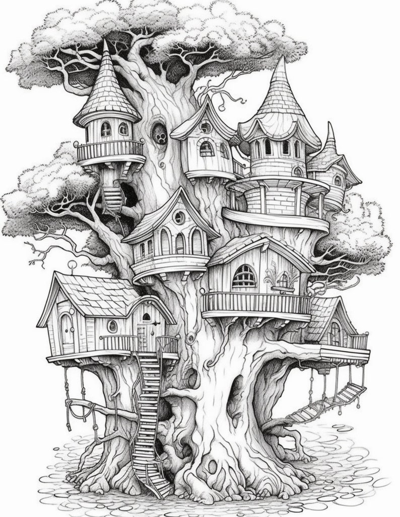 Enchanted Treehouse Coloring Page for Adults + Kids, Instant Download ...