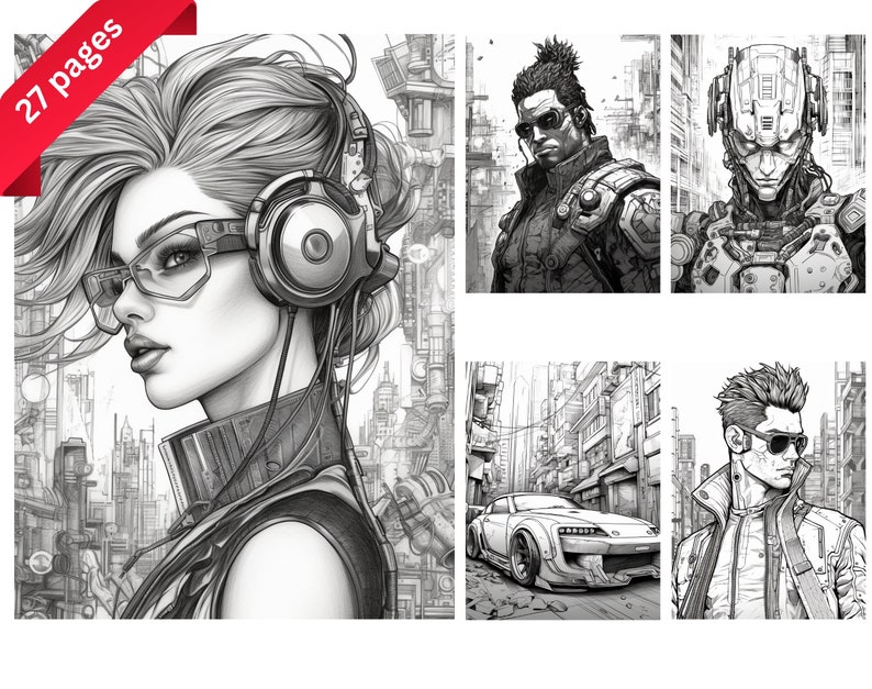 Futuristic Punk Coloring Page for Adults and Teens Grayscale - Etsy