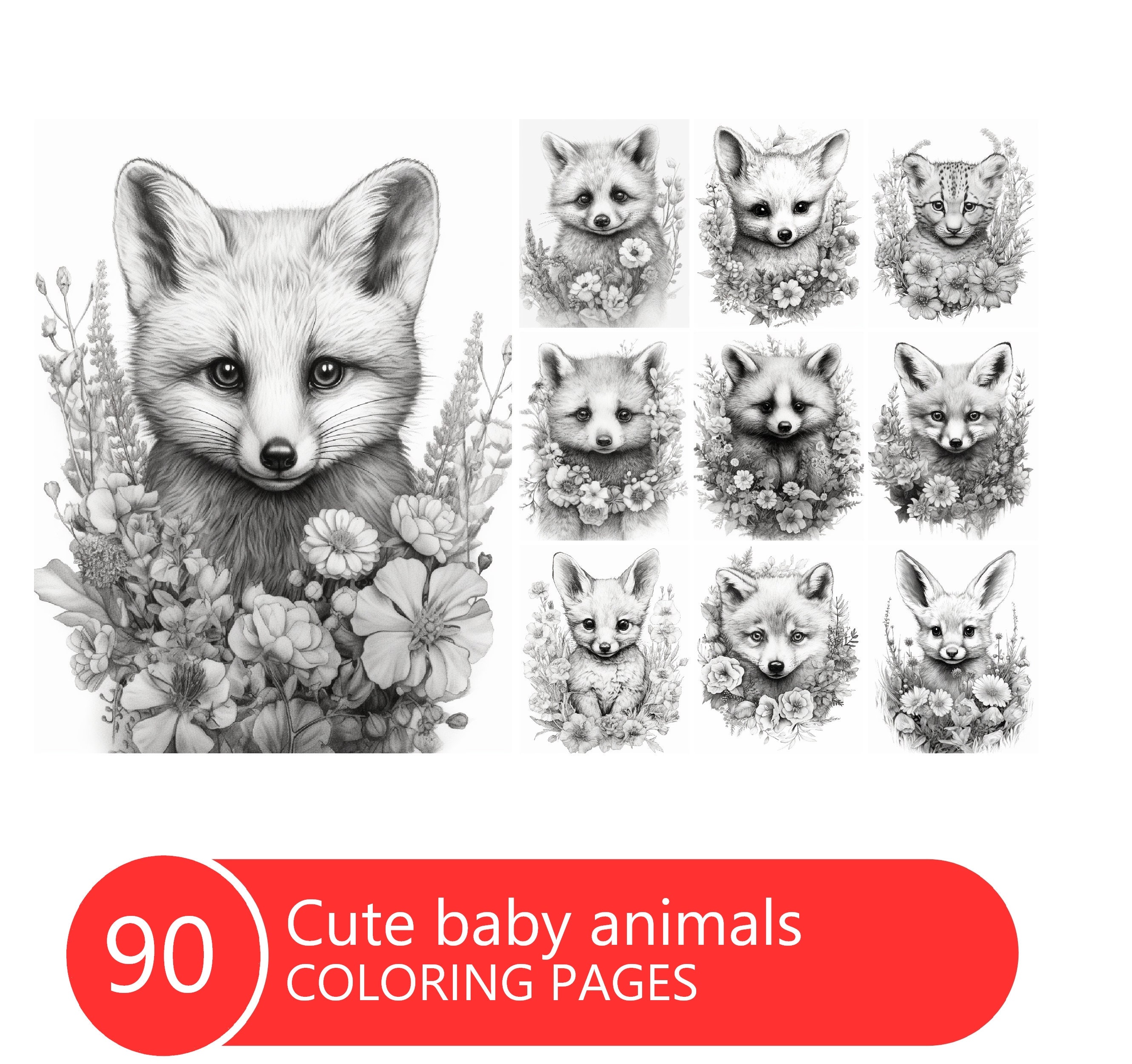 Cute Baby Animals Coloring Book for Adults and Kids Grayscale - Etsy