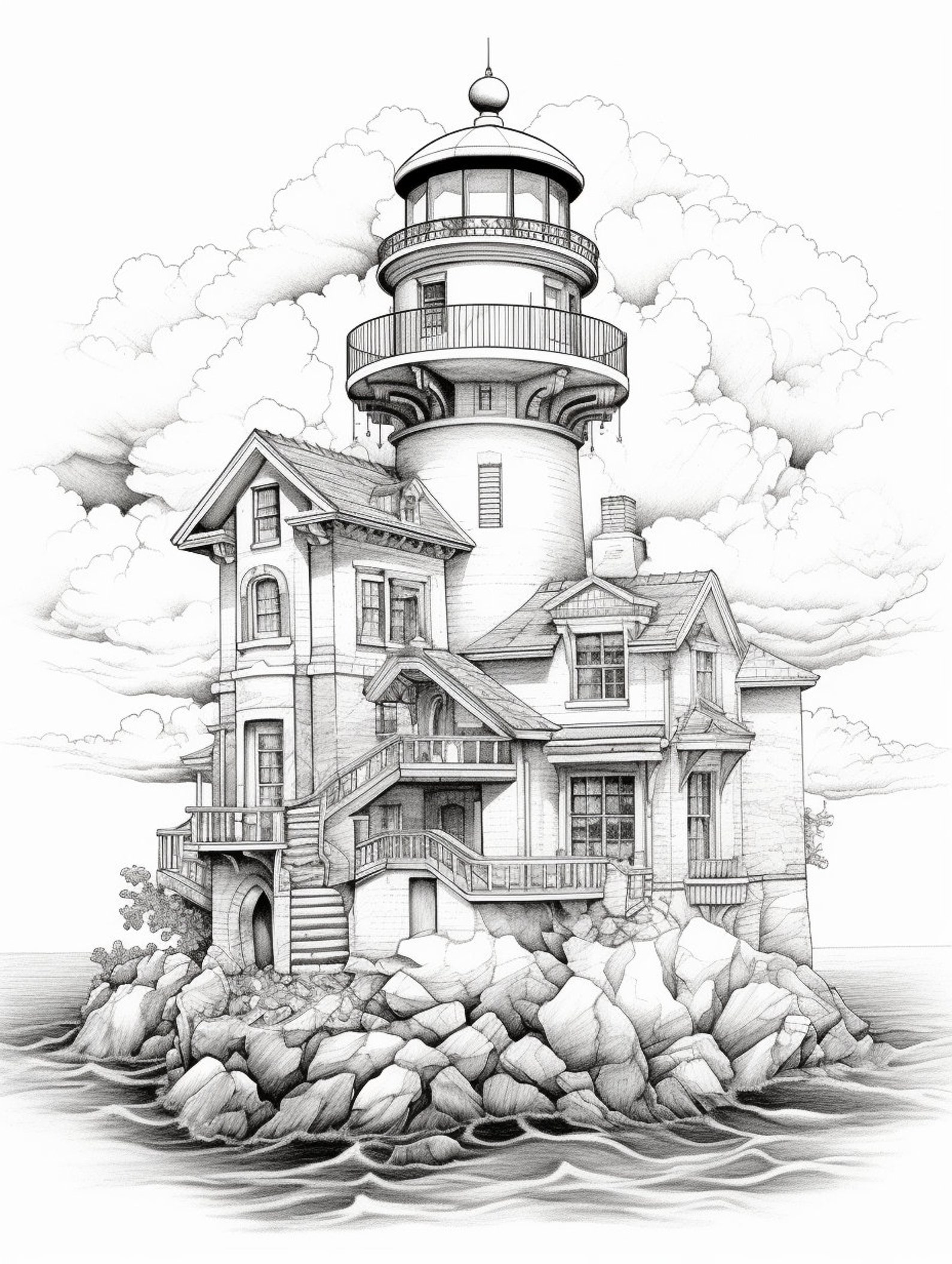 Lighthouses Coloring Book for Adults and Kids, Grayscale Coloring Pages ...
