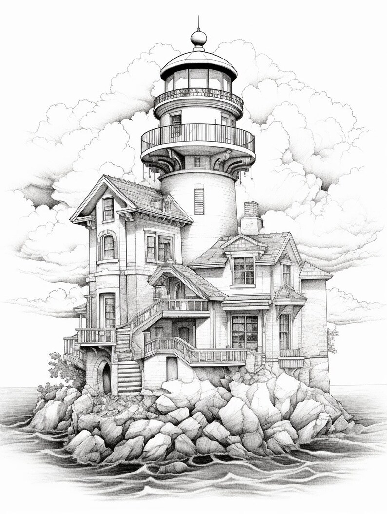 Lighthouses Coloring Book for Adults and Kids, Grayscale Coloring Pages ...