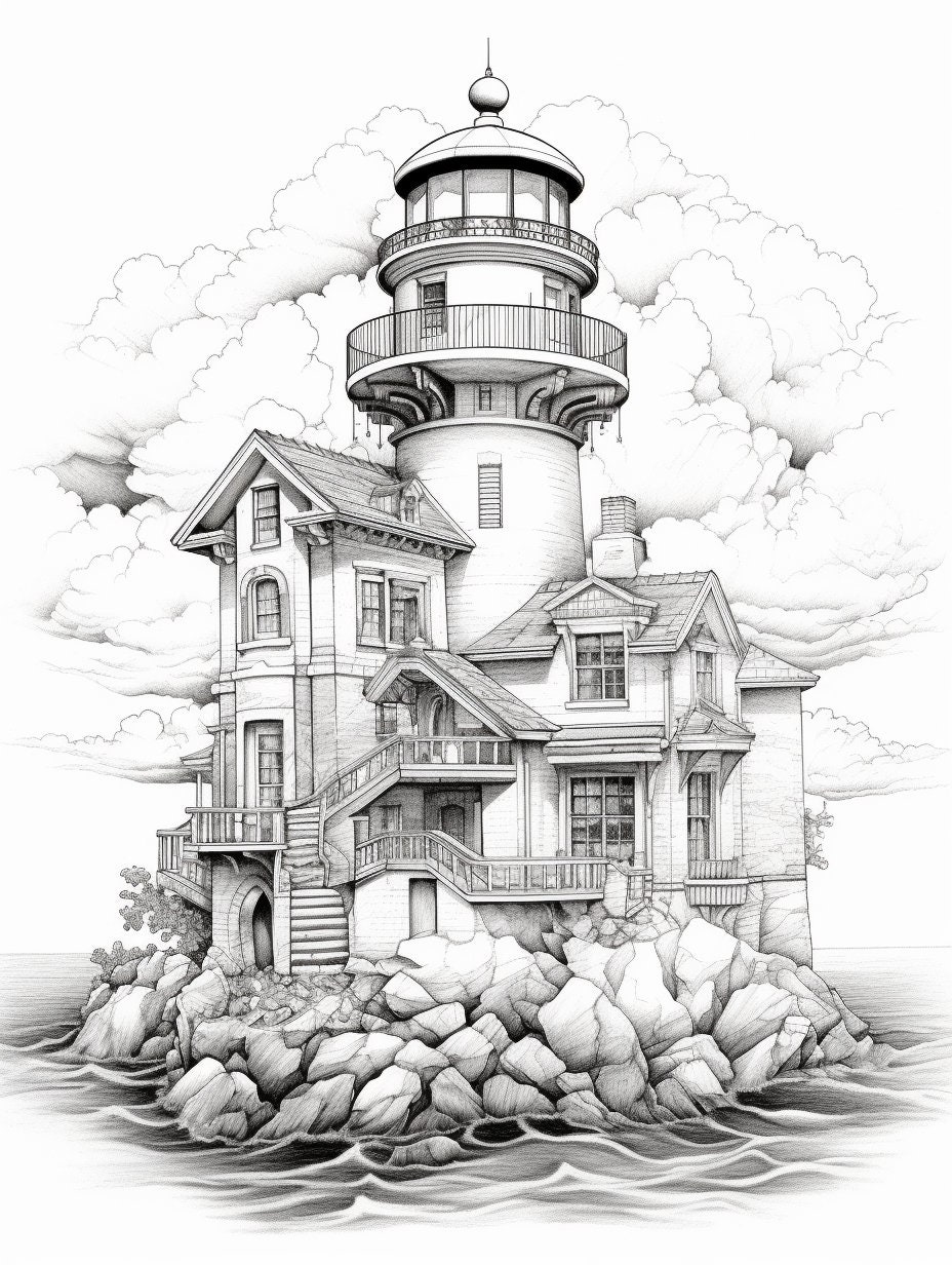 Lighthouses Coloring Book for Adults and Kids, Grayscale Coloring Pages ...