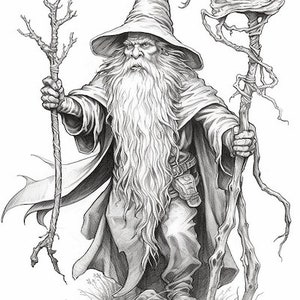 Wizard Coloring Book for Adults and Kids, Grayscale Coloring Pages ...