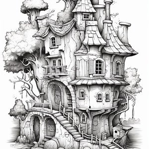 Fantasy Houses Coloring Book: Fairytale Grayscale Designs (printable ...