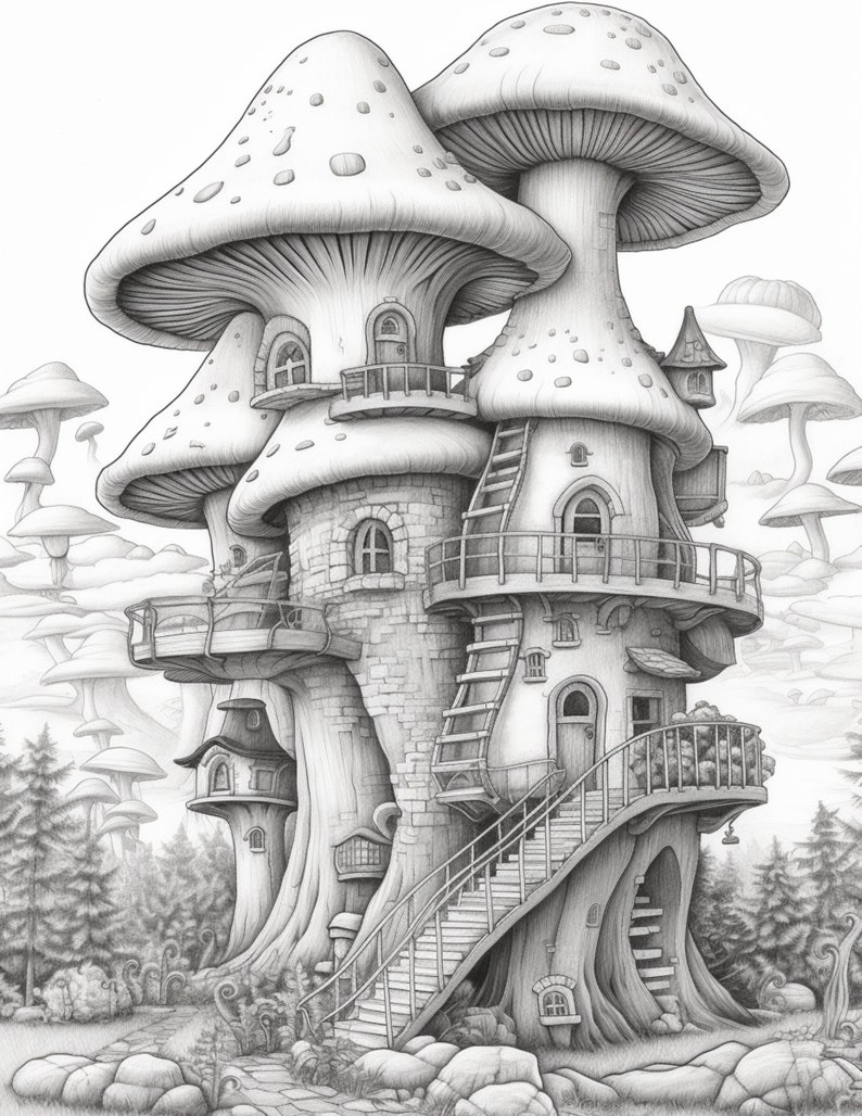 Mushroom Houses Coloring Book for Adults and Kids Instant - Etsy