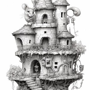 Magical Mouse House Coloring Book for Adults and Kids, Grayscale ...