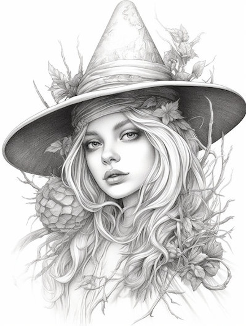 Witch Coloring Book: Grayscale Illustrations (printable PDF File) - Etsy