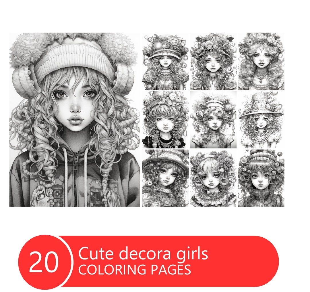 Cute Decora Girls Coloring Book for Adults and Kids, Grayscale Coloring ...