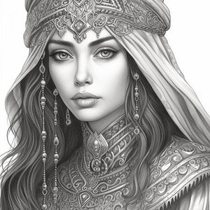 Arabic Princesses Coloring Book for Adults and Kids, Grayscale Coloring ...