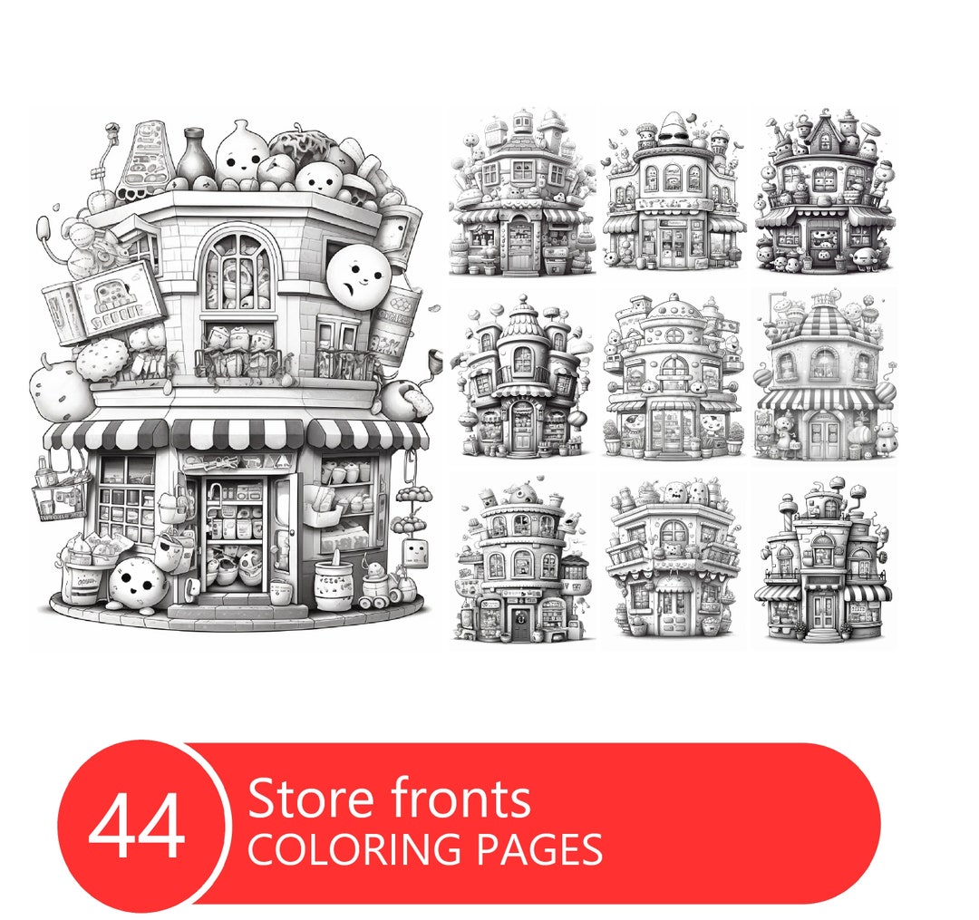 Store Fronts Coloring Book for Adults and Kids, Grayscale Coloring ...