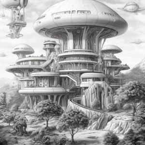 Futuristic Alien House Coloring Book for Adults and Kids, Grayscale ...