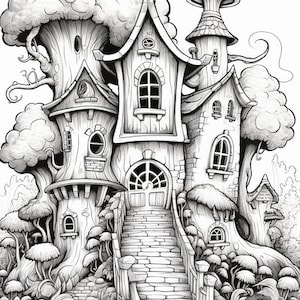 Fairytales Fantasy Houses Coloring Book for Adults and Kids, Grayscale ...