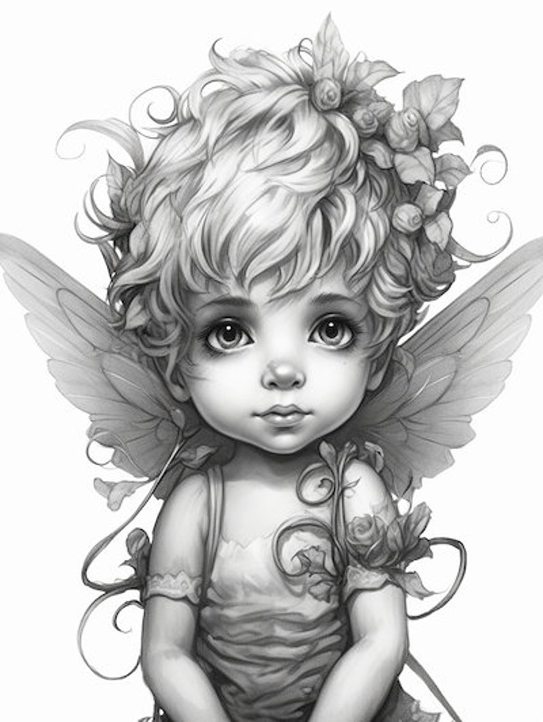 Cute Baby Fairy Coloring Book for Adults and Kids, Grayscale Coloring ...