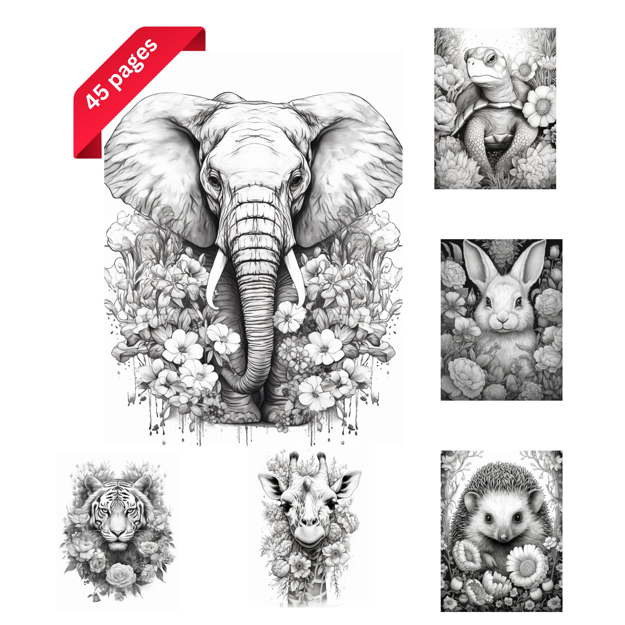 Cute Animals Grayscale Coloring Pages, Printable Adult Coloring Pages ...