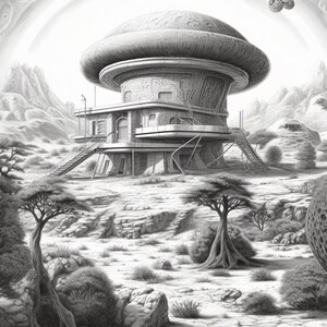 Futuristic Alien House Coloring Book for Adults and Kids, Grayscale ...