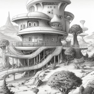 Futuristic Alien House Coloring Book for Adults and Kids, Grayscale ...
