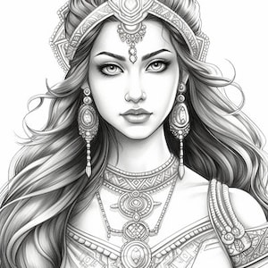 Hindu Princesses Coloring Book for Adults and Kids, Grayscale Coloring ...