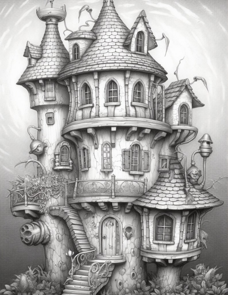 Enchanted Fairy Houses Coloring Book: Grayscale Illustrations ...